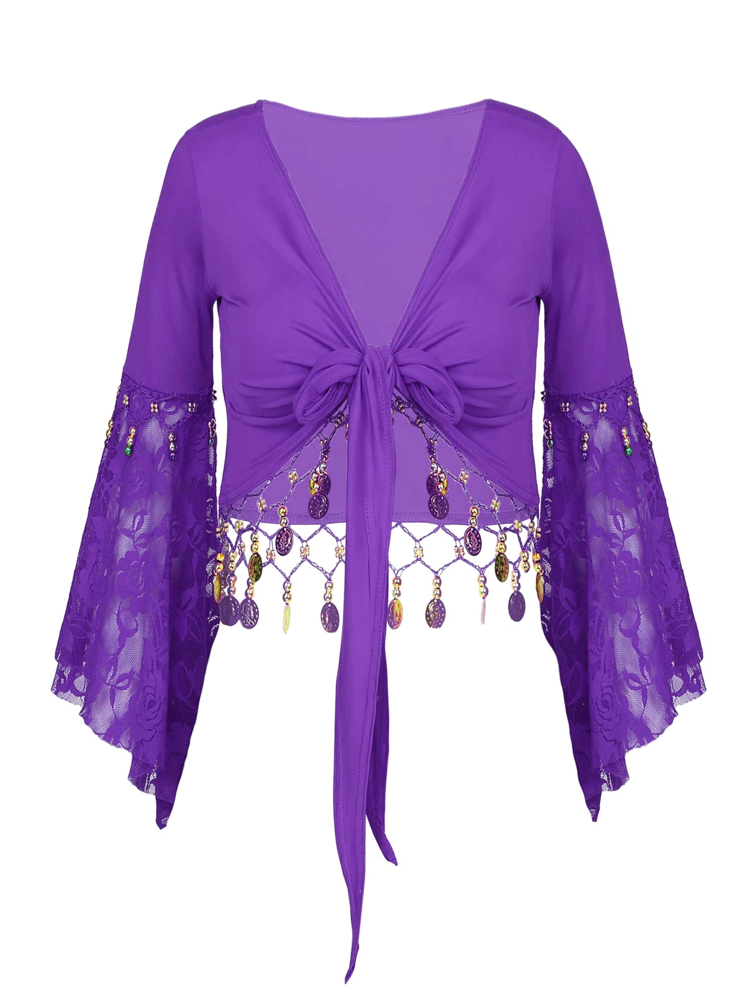 zdhoor Women Glitter Bead Tassel Belly Dance Top Lace 3/4 Flared ...