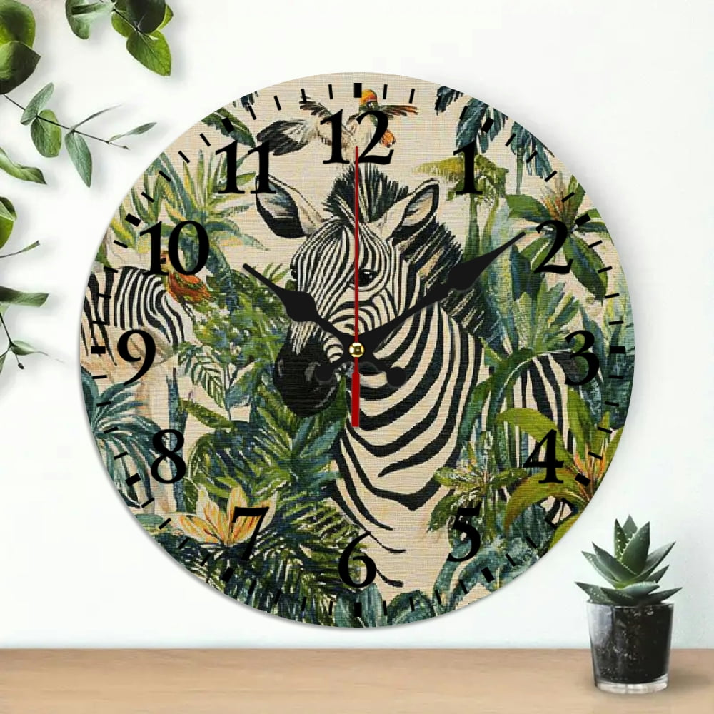 zebra jungle Round Wooden Wall Clock, Silent Mechanical Movement ...