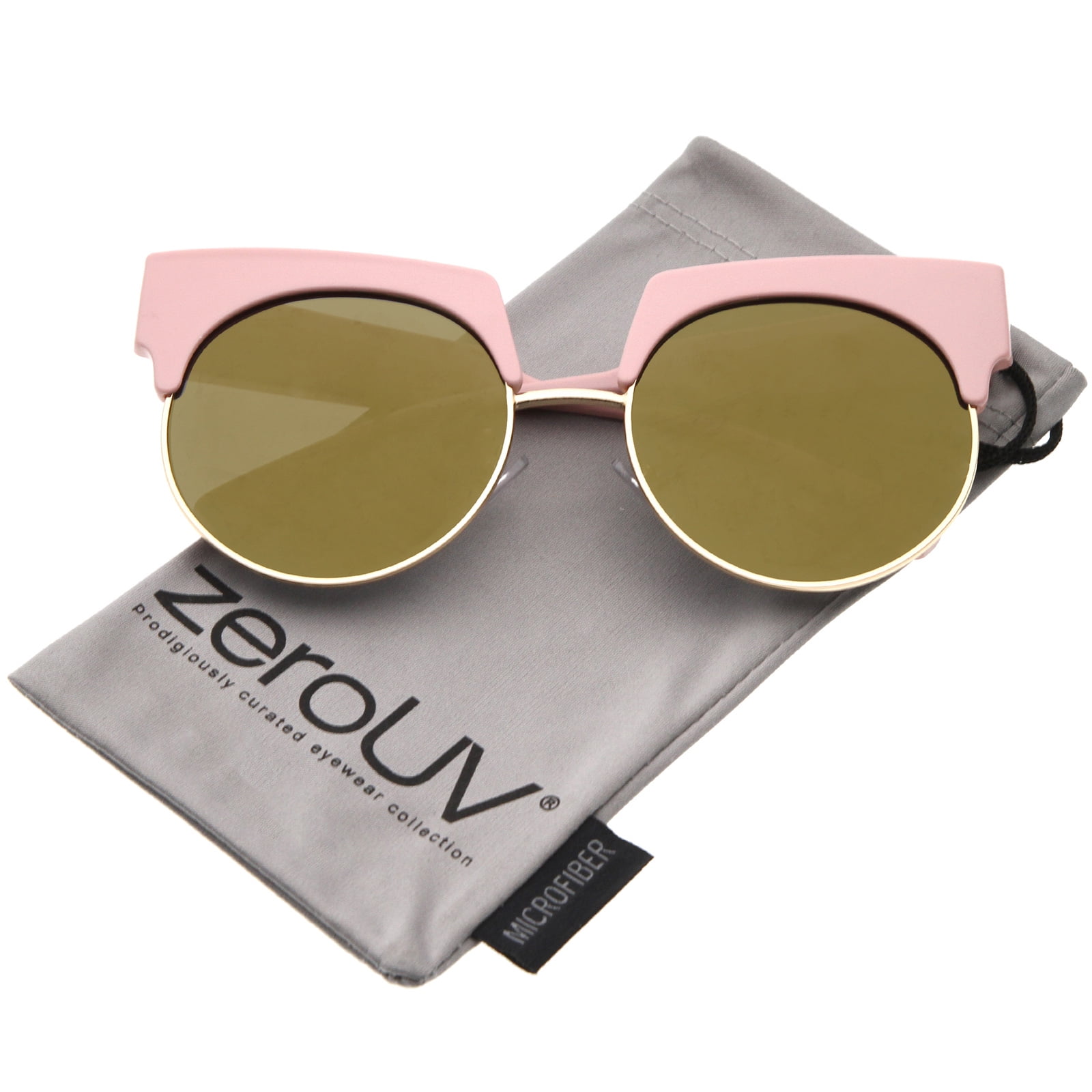 zeroUV Female Bold Wide Temple Colored Mirror Round Lens Half-Frame Cat ...