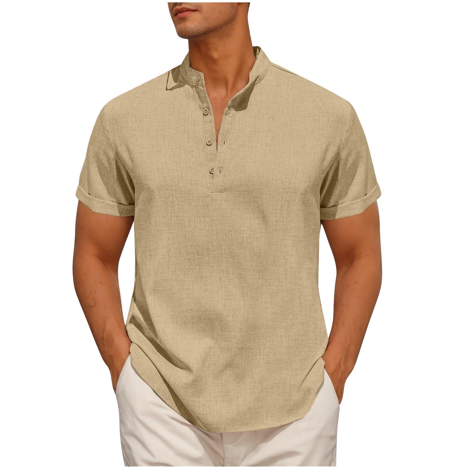 zfhfof Men's Casual Henley Shirt Short Sleeve Summer Shirts Linen Band Collar Lightweight Summer ...