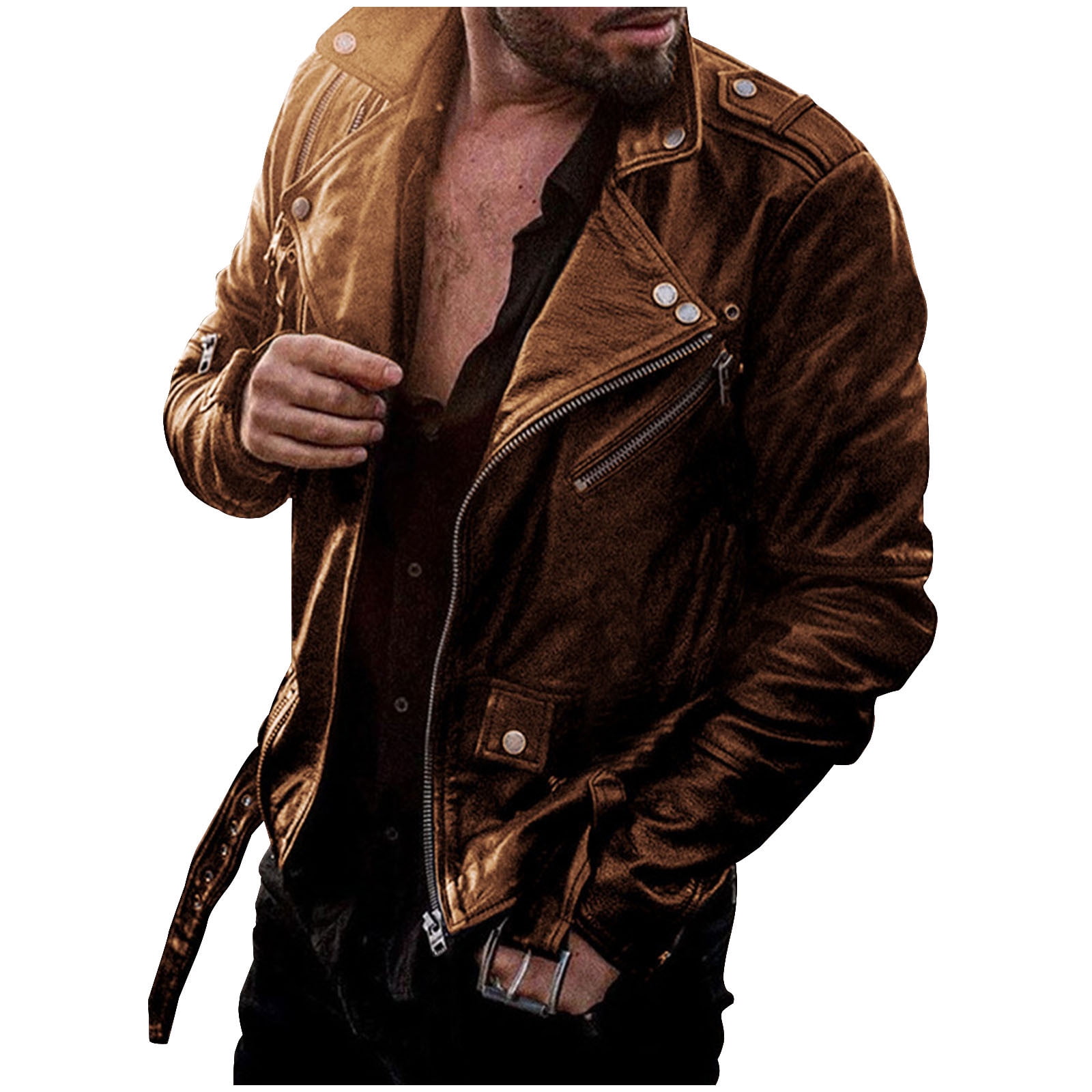 zfhfof Men's Leather Jacket Causal Belted Faux Leather Motorcycle ...