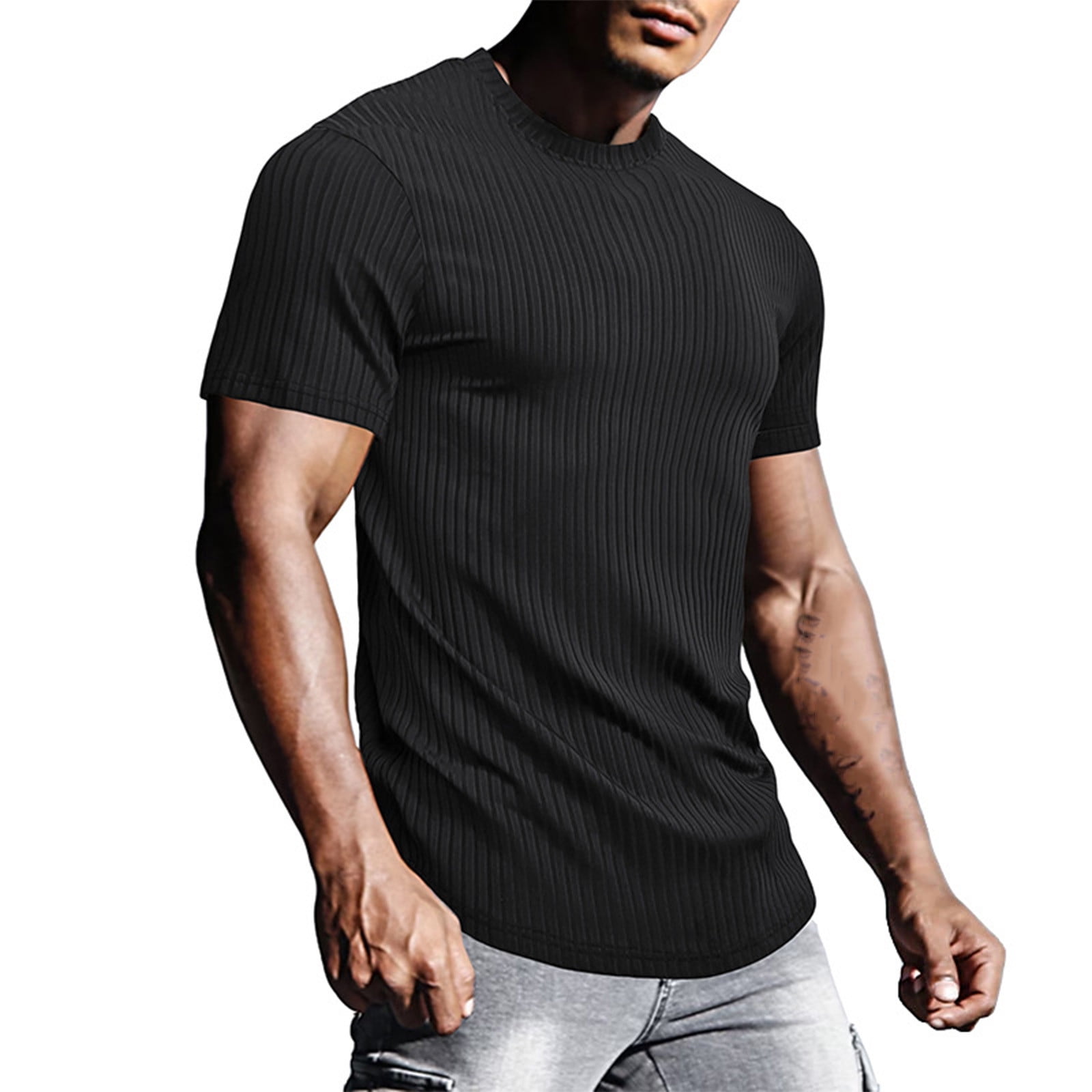 zfhfof Men's Ribbed Knit Shirt Crewneck Short Sleeve Slim Fit Muscle T Shirts Stretch ...