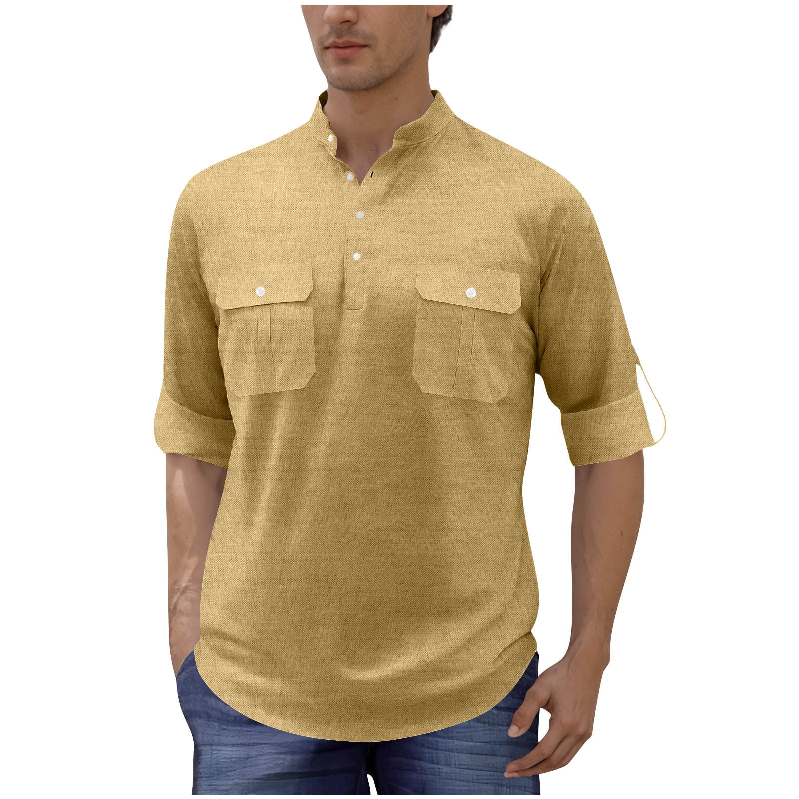 zfhfof Mens Cotton Linen Henley Shirts Casual Roll Up Long Sleeve ...