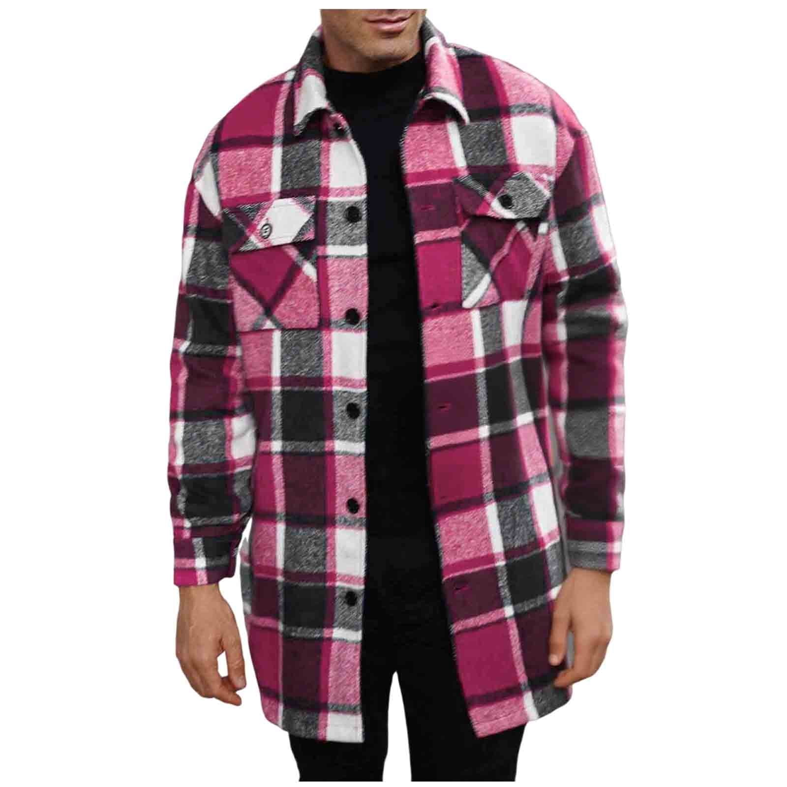 zfhfof Mens Flannel Trench Coat Lapel Collar Single Breasted Plaid ...