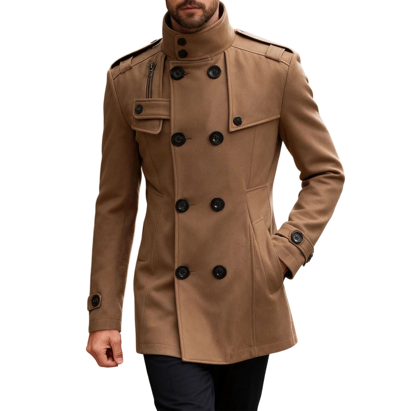zfhfof Mens Trench Coat Slim Fit Wool Business Double Breasted Stand ...