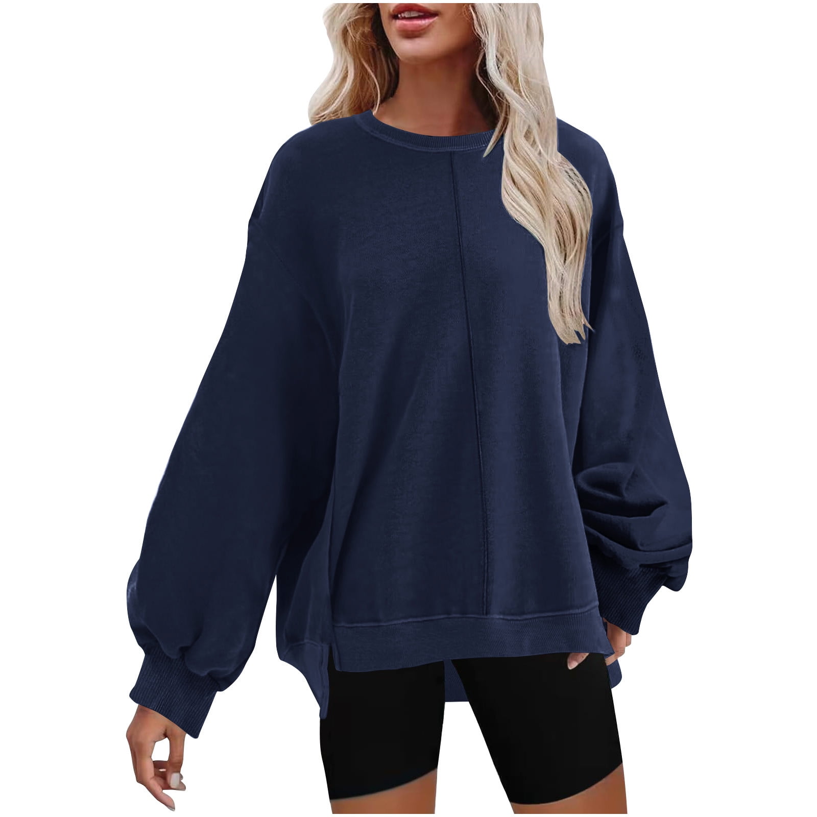 zhmrfg Oversized Sweatshirt for Women Side Slit Zipper Casual Crewneck ...