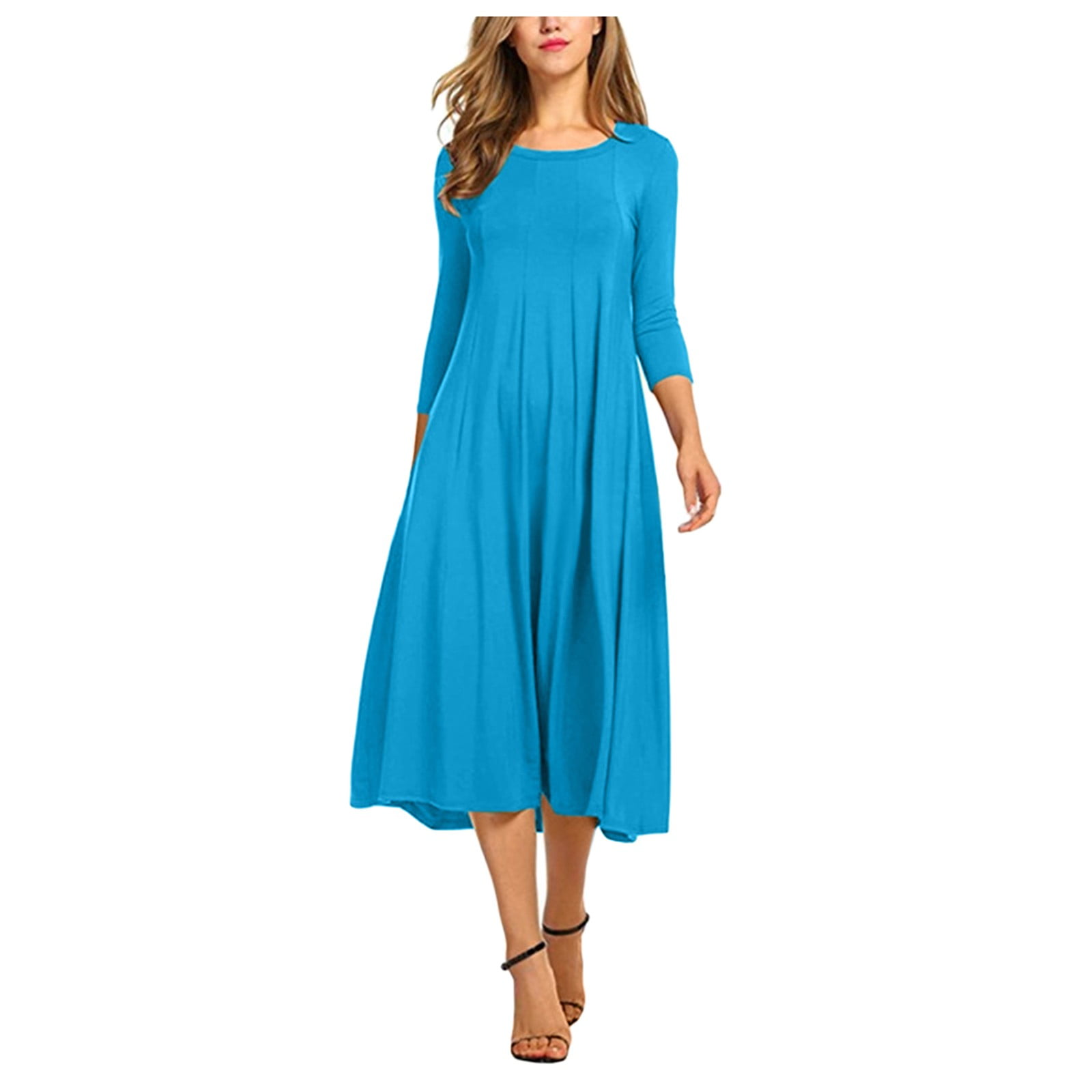 zicth Prom Dresses 2024 Casual 3/4 Sleeve Long Dress Solid Round Neck ...