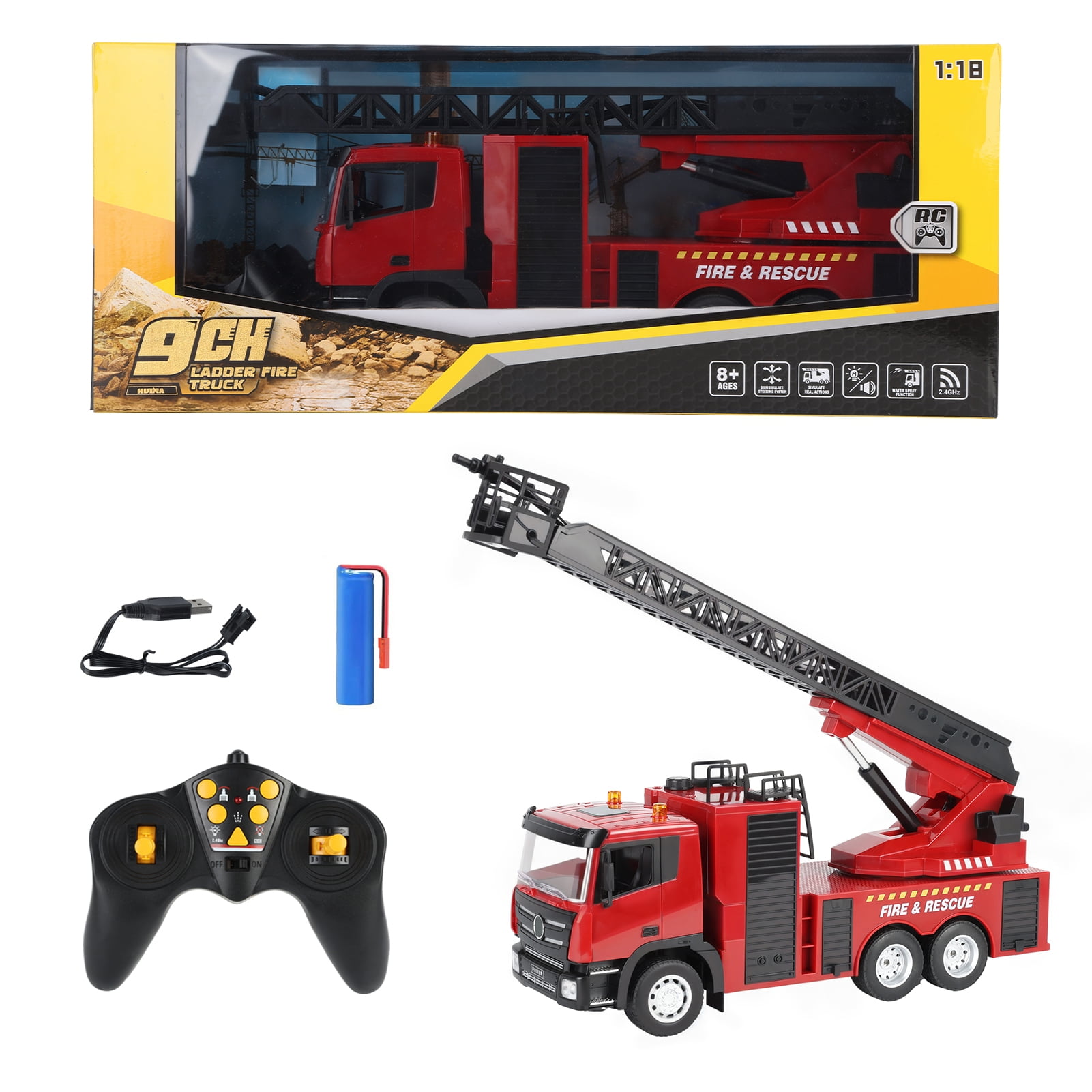 ziertyon 2.4GHz RC Firetruck with Rotating Extending Ladder, 9 Channel ...