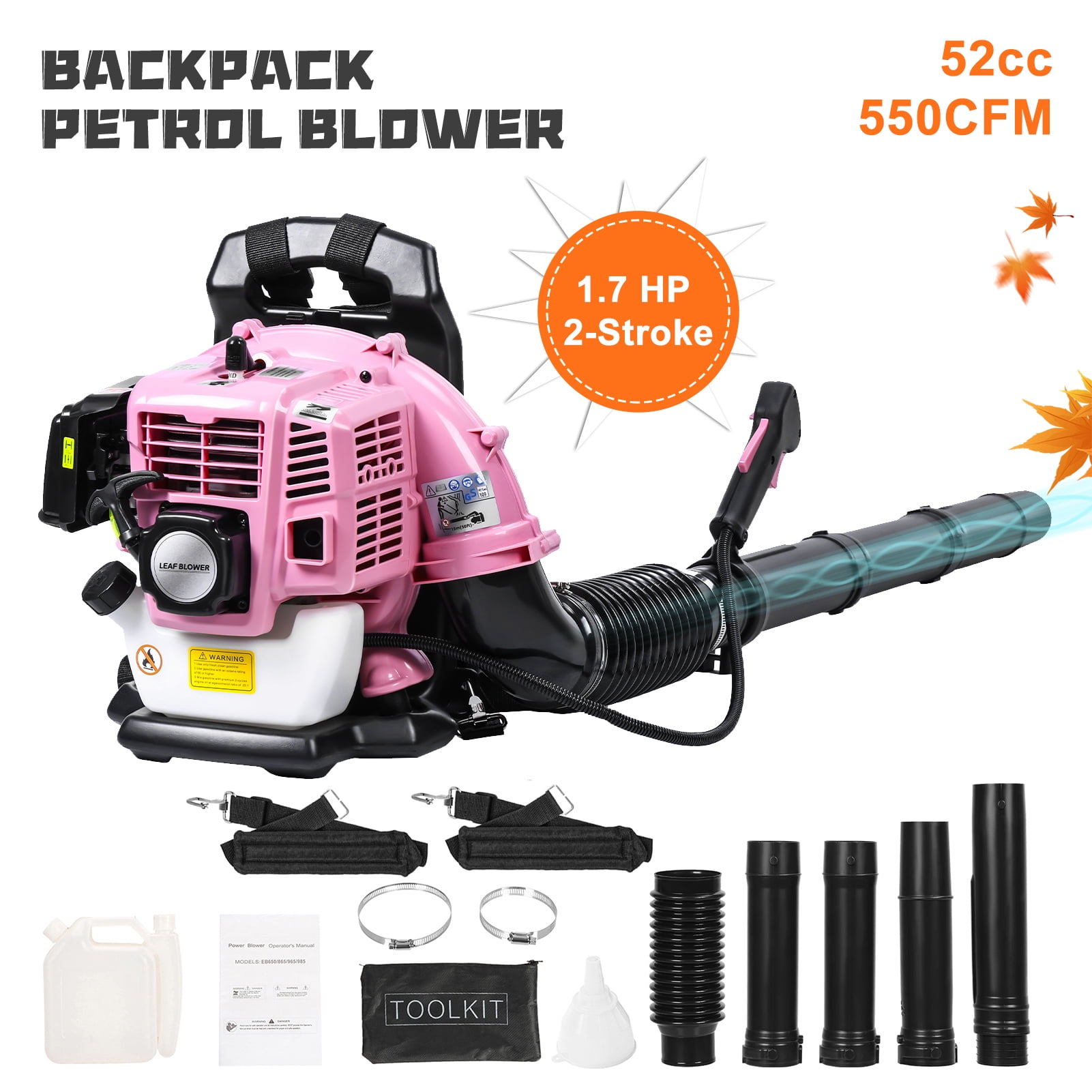 ziertyon Backpack Gas Leaf Blower,, 52CC 2-Stroke 550 CFM 1.7 HP Gas ...