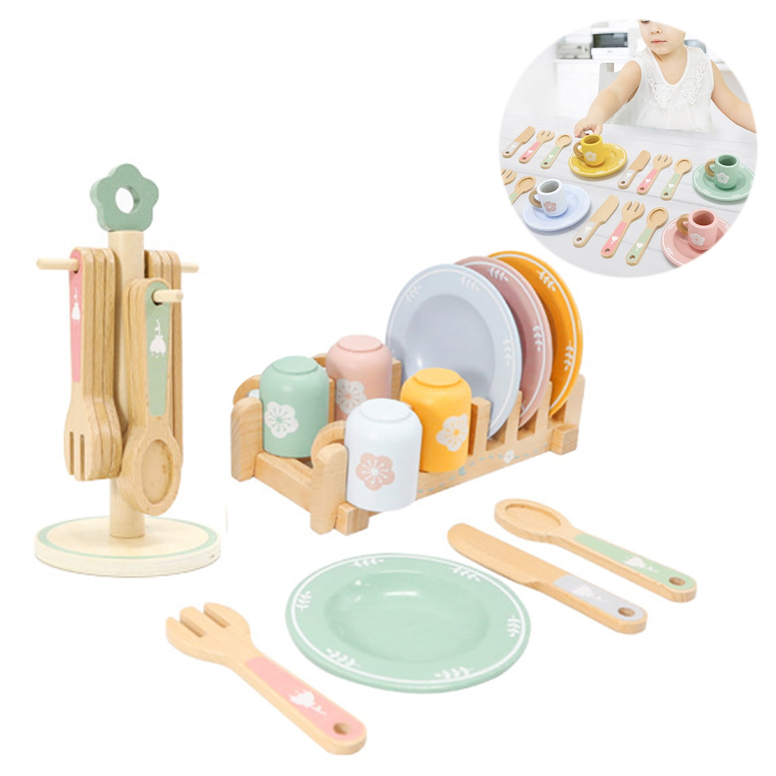 ziertyon Wooden Kitchen Toy Set for Kids Wood Dinnerware Playset with ...