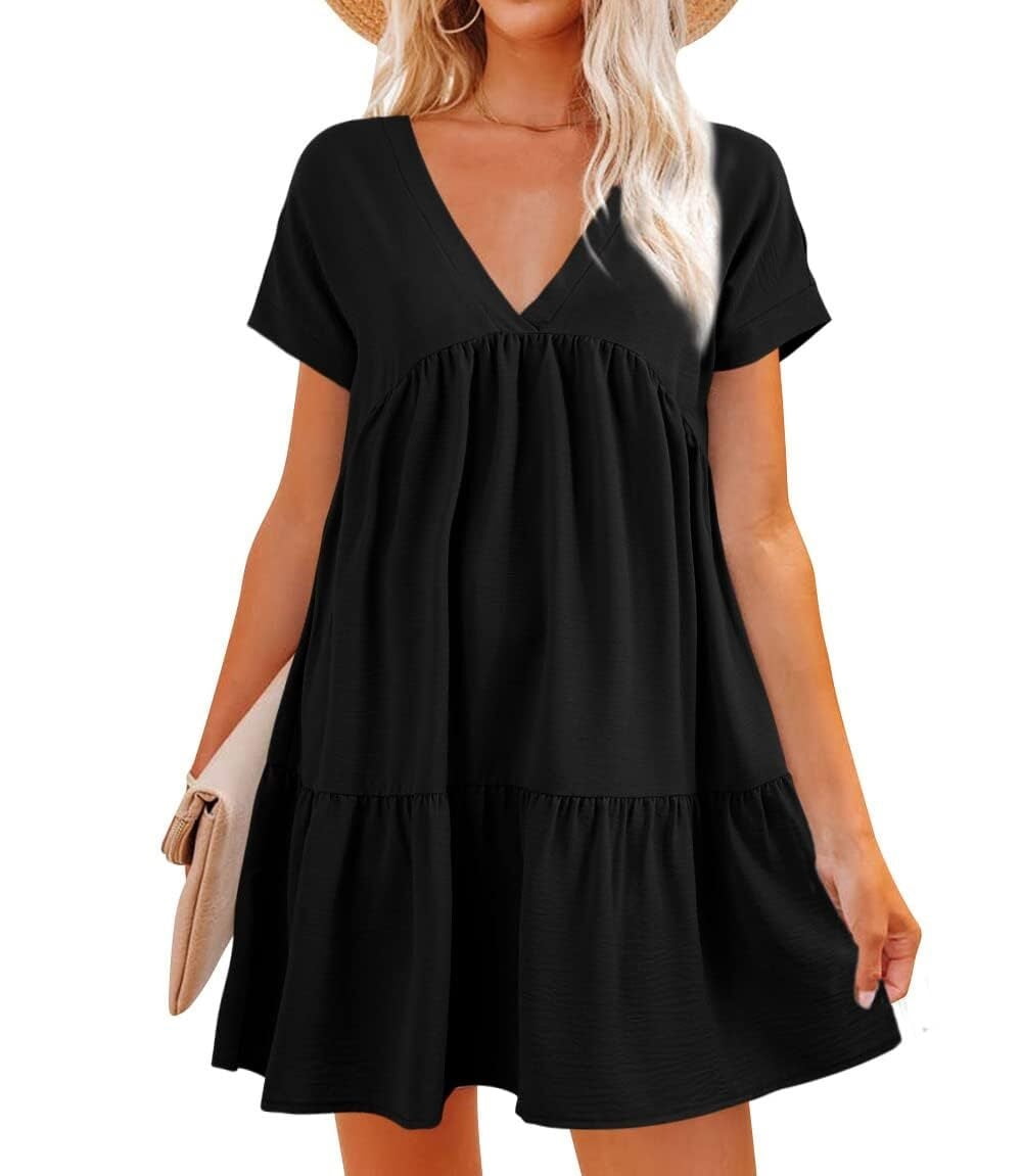 zihao Summer Babydoll Dresses for Women 2025 Cute Short Sleeve V-Neck ...