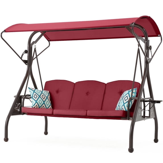 zzw 3-Seat Steel Canopy Porch Swing with Stand, Cup Holders and Pillows ...